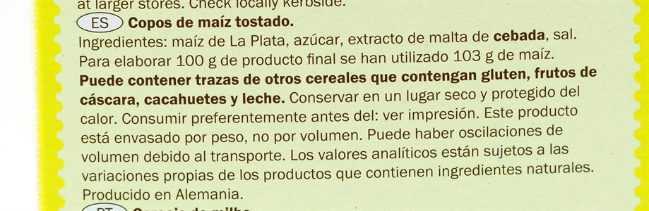 CROWNFIELD (LIDL) CORN FLAKES.: valor nutricional